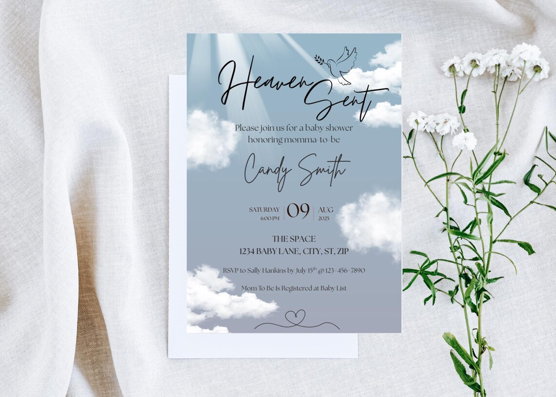Heaven Sent A Little One Baby Shower Invite | Invitation + Welcome Sign ...
