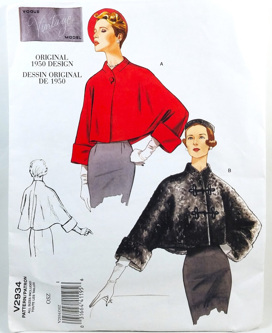 Cape Jacket Sewing Pattern Vogue V 2934 Retro 1950 Swing Size - Etsy