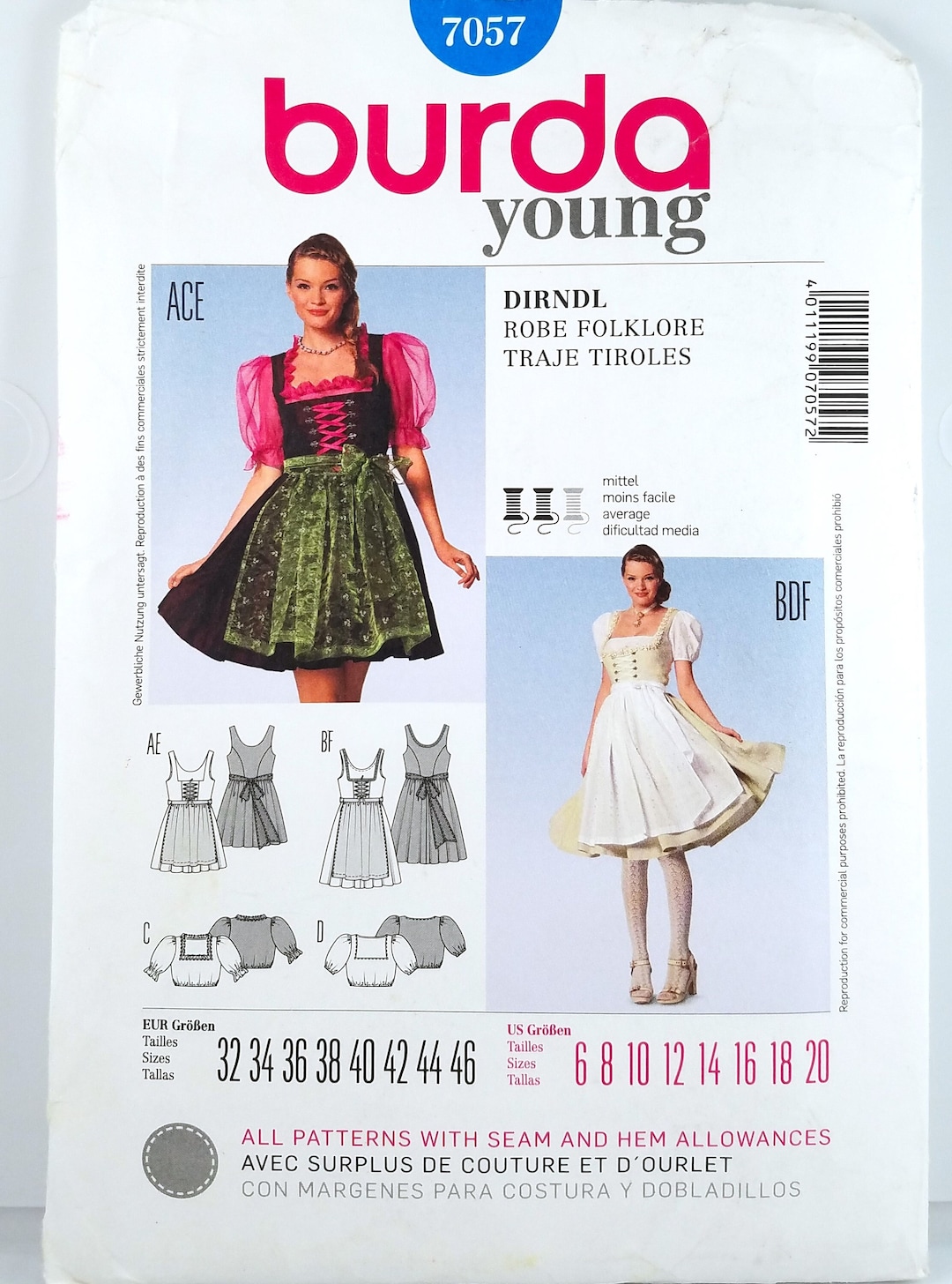 Dirndl Dress Sewing Pattern Burda 7057 Size 6 to 20 Bavarian ...