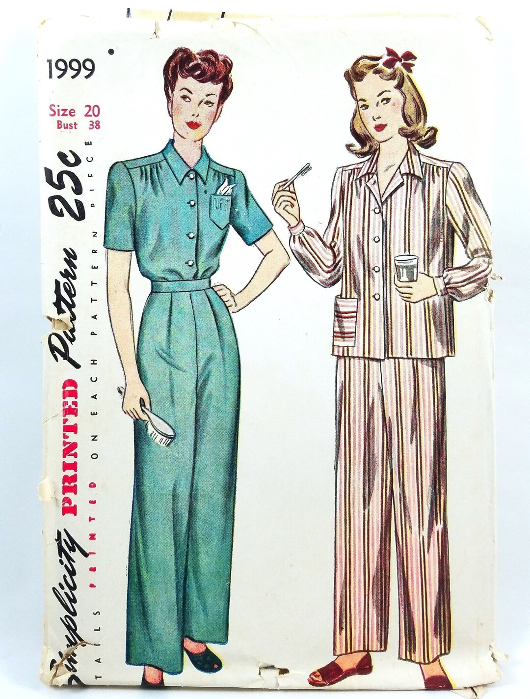 1940s Pajama Sewing Pattern Simplicity 1999 Bust 38 Two Piece PJ Set ...