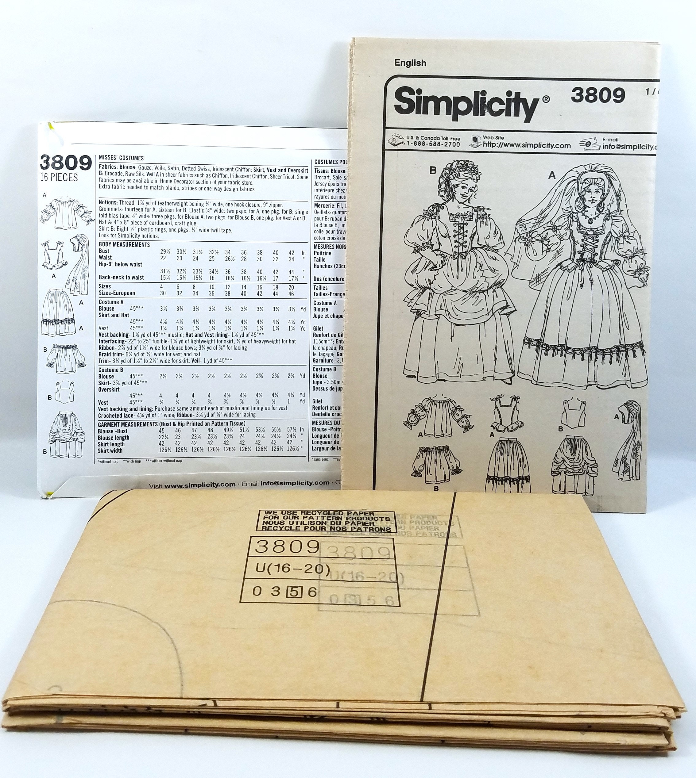Renaissance Costume Sewing Pattern Simplicity 3809 Size 10 12 14 16 18 ...