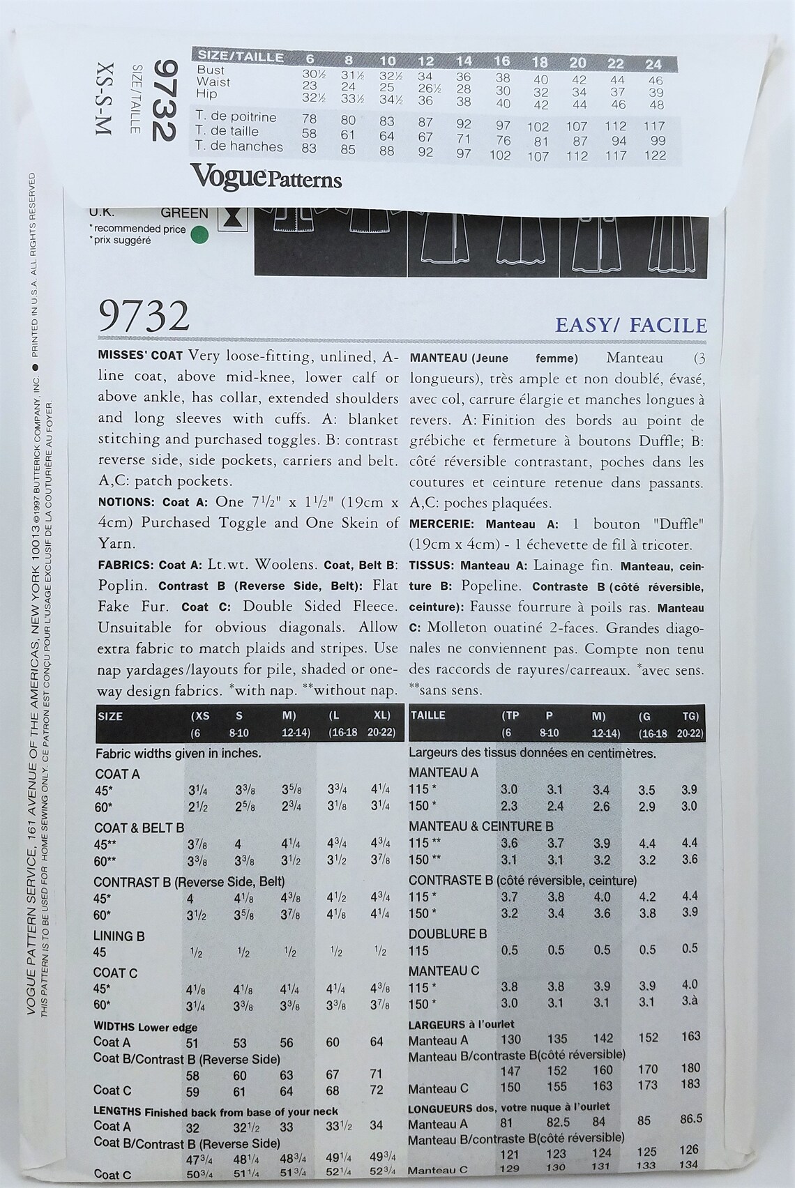 Vintage Shawl Collar Coat Sewing Pattern Vogue 9732 Size 6 8 10 12 Easy ...