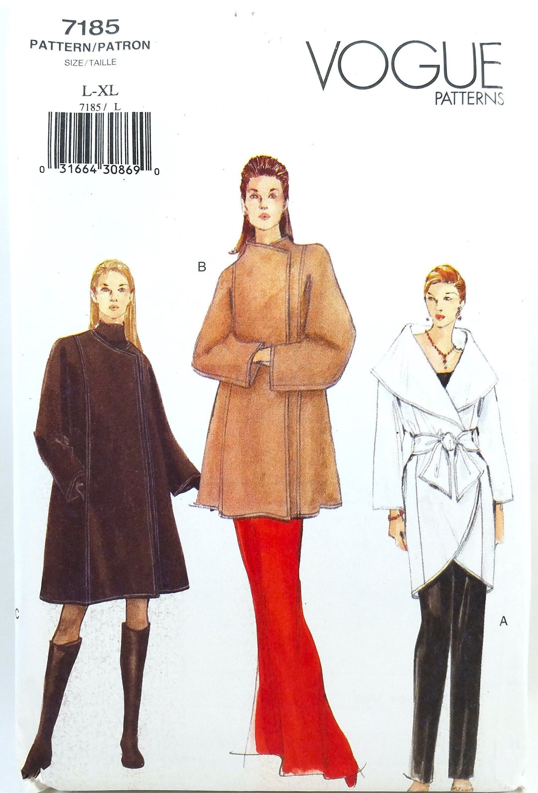 A Line Coat Sewing Pattern Vogue 7185 Size L XL Asymmetric Front Wrap ...