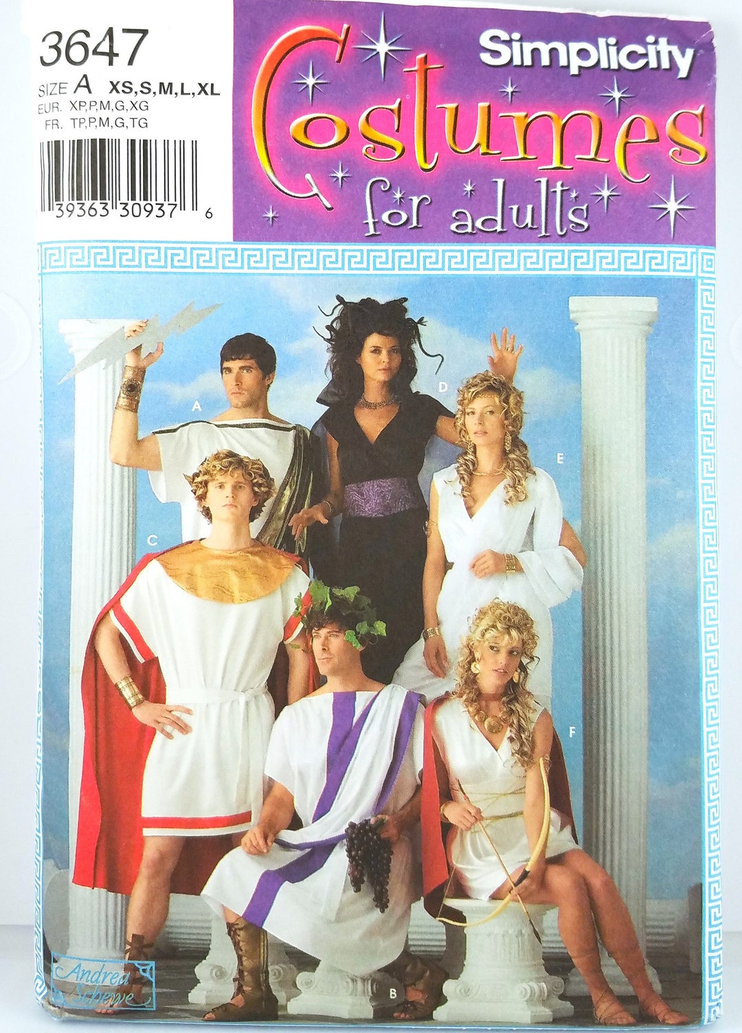 Greek or Roman Costume Sewing Pattern Simplicity 3647 Size XS to XL ...