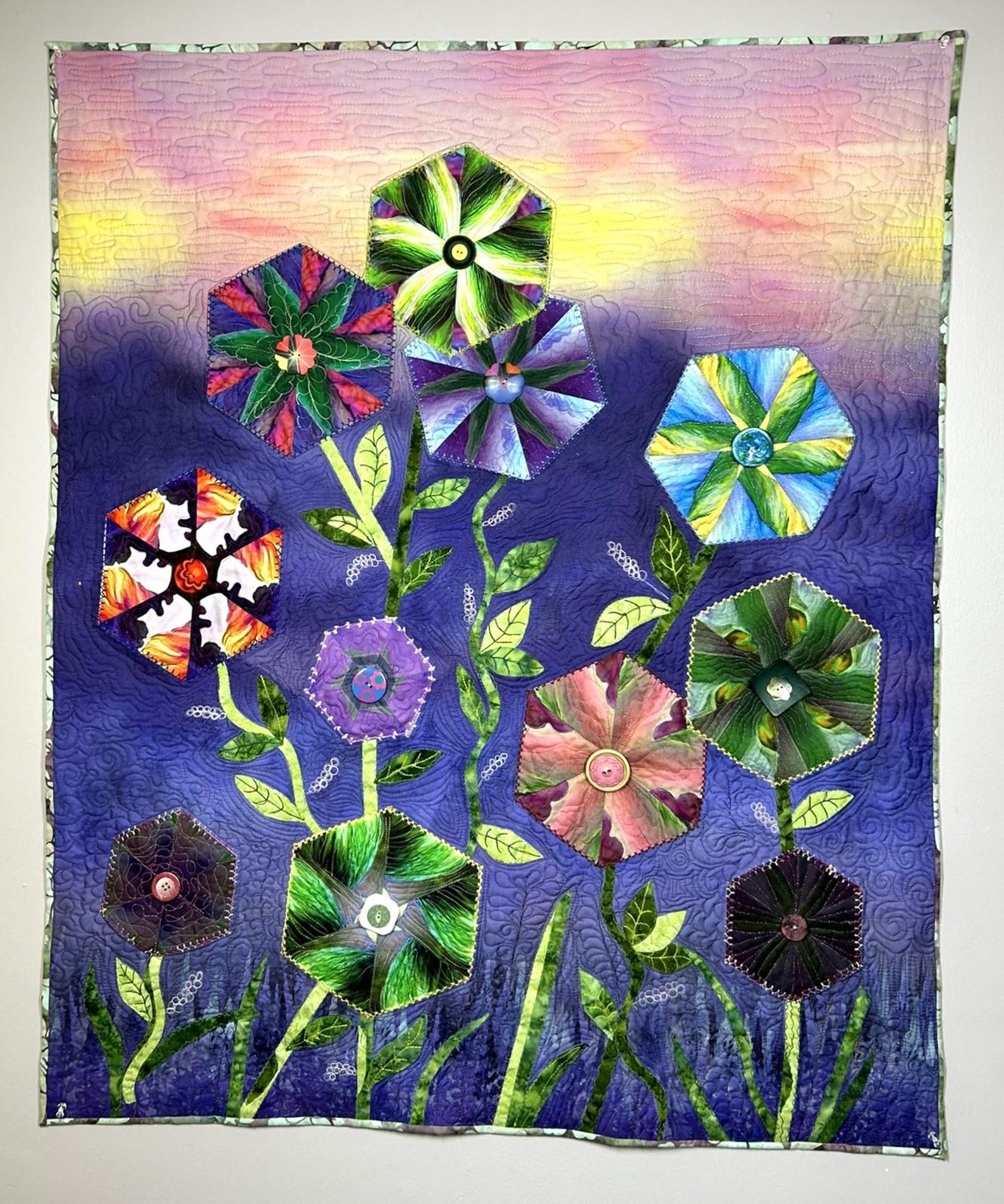 Hex Abstract Flowers Quilt Wall Hanging 35 X 43" Original Pattern With ...