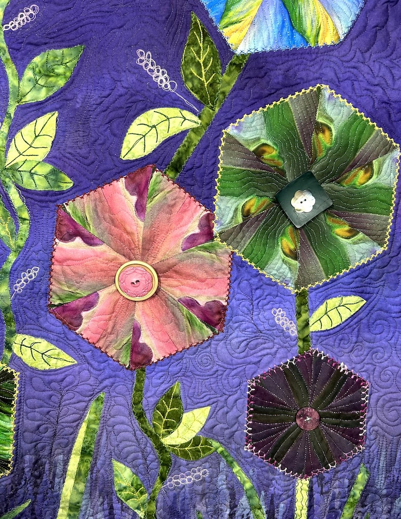Hex Abstract Flowers Quilt Wall Hanging 35 X 43" Original Pattern With ...