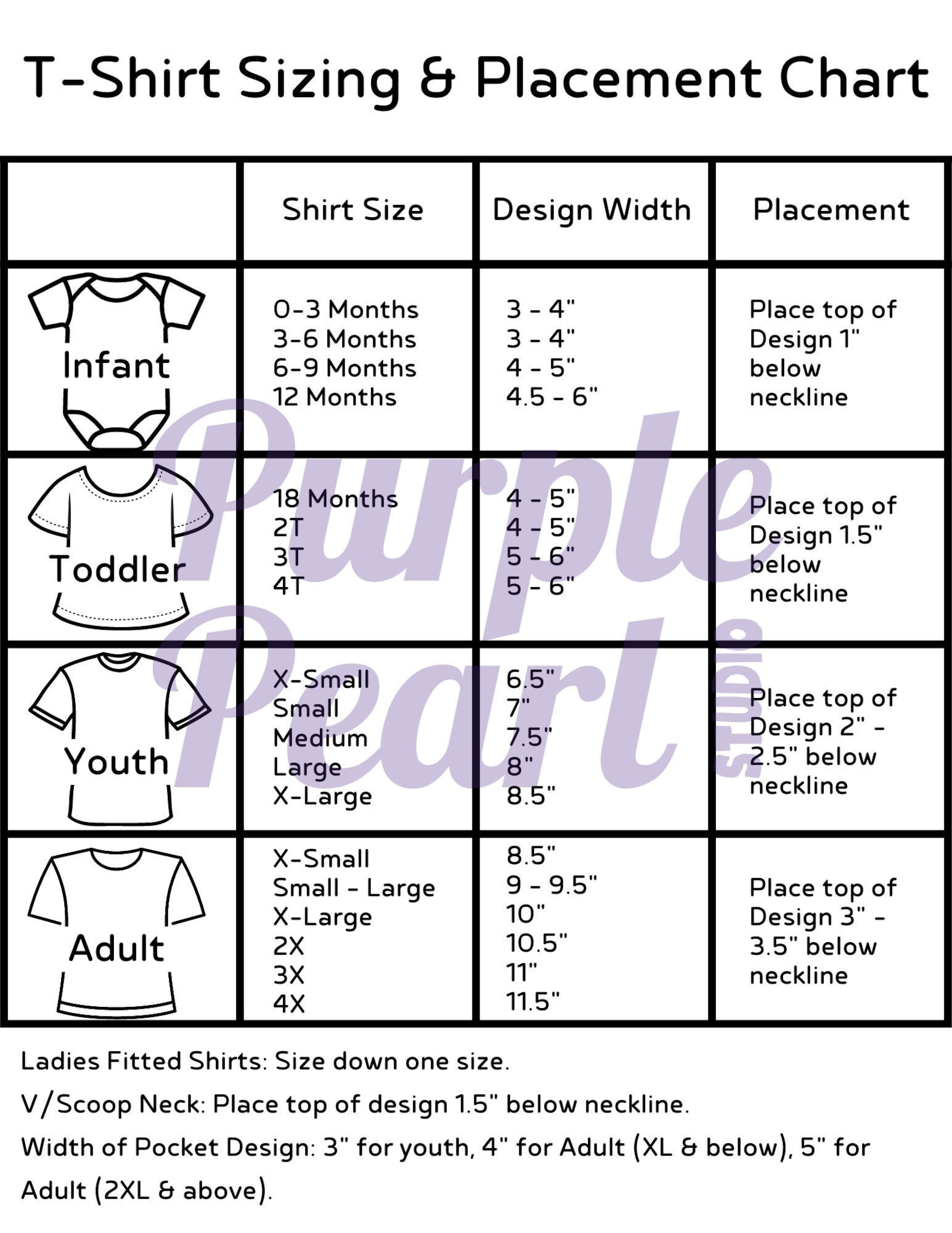 Printable T-shirt Sizing and Placement Chart for Shirt-makers (screen ...