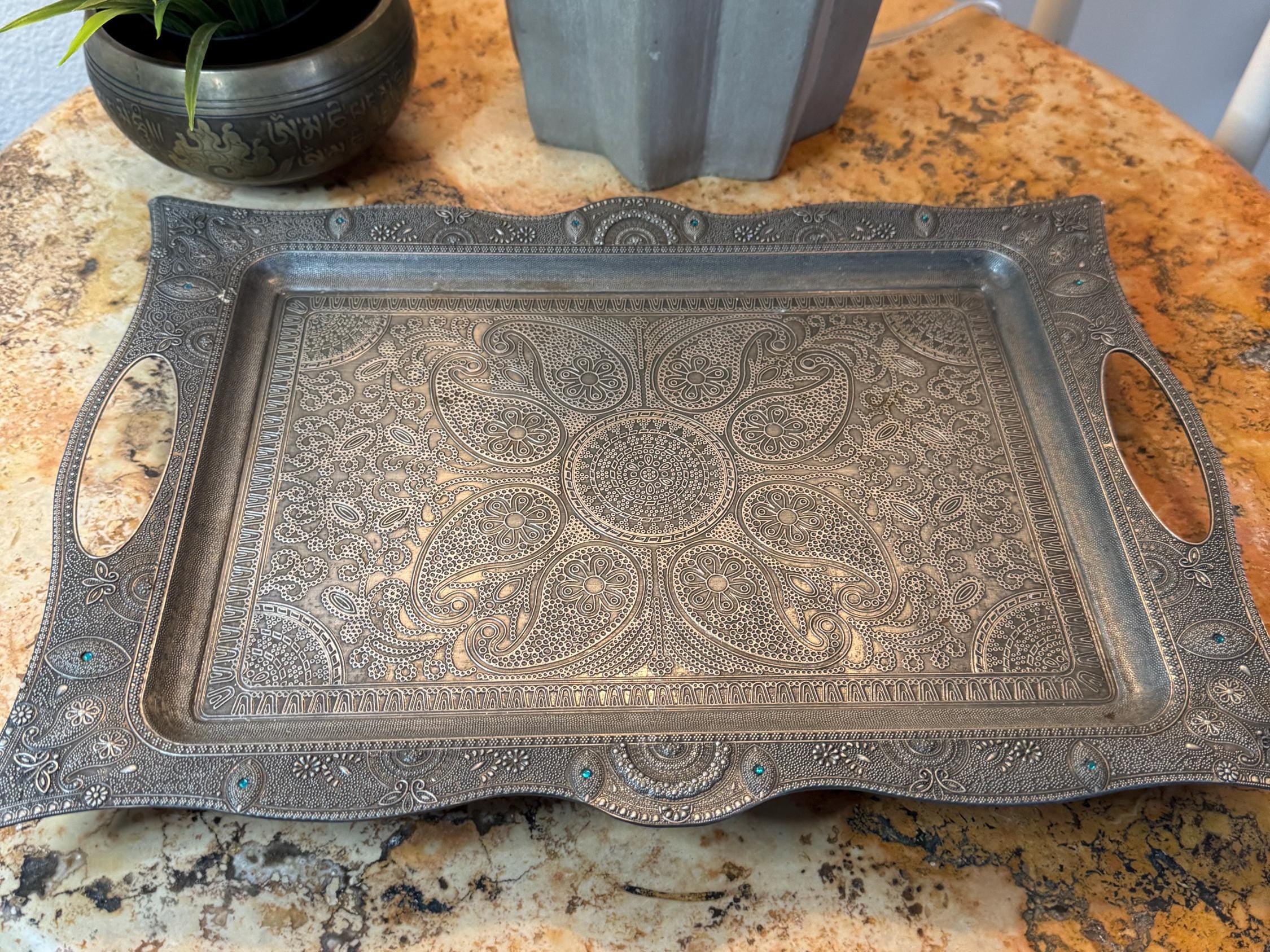 Vintage Ornate Indian Silver Tray - Etsy