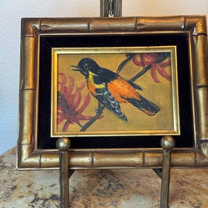 Set of 4 Vintage Signed Acrylic Bird Paintings - Bamboo-style Gold ...