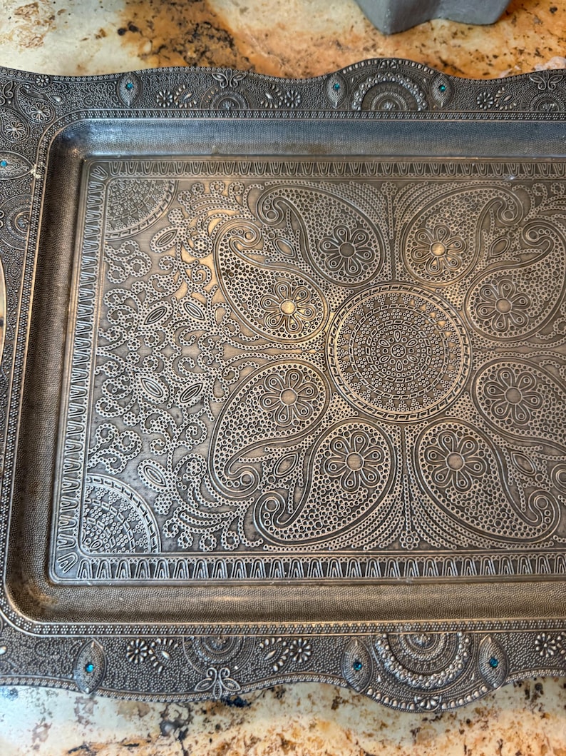 Vintage Ornate Indian Silver Tray - Etsy