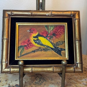 Set of 4 Vintage Signed Acrylic Bird Paintings - Bamboo-style Gold ...