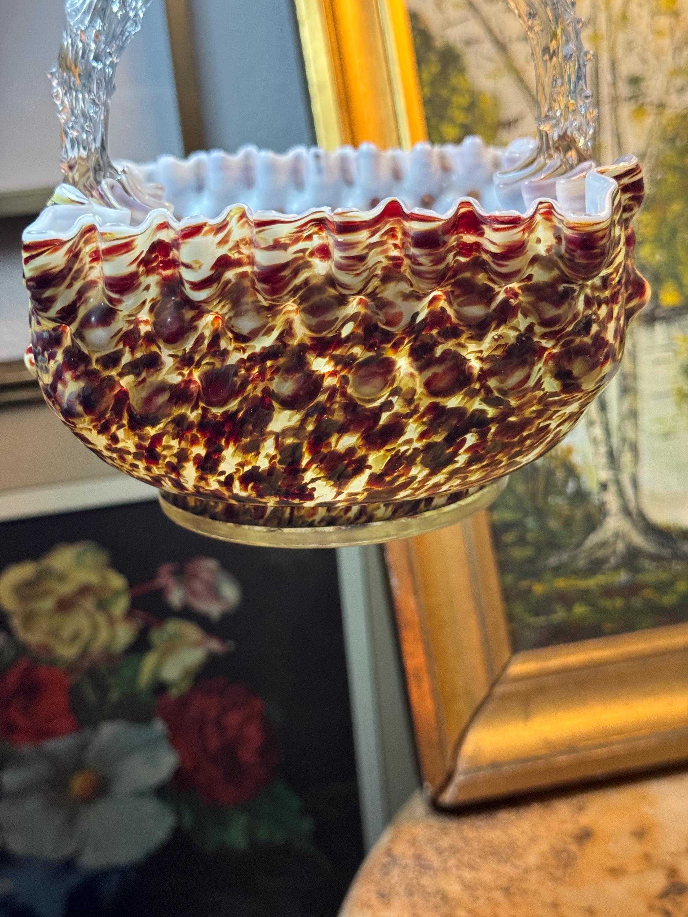 Vintage Spatter Glass Basket With Thorne Handke Ruffled Edge 6 X 4.5 X ...
