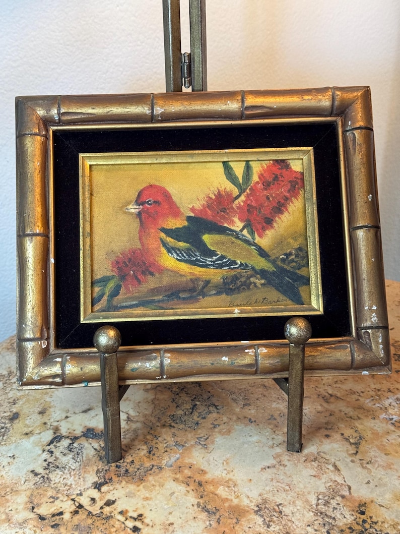 Set of 4 Vintage Signed Acrylic Bird Paintings - Bamboo-style Gold ...