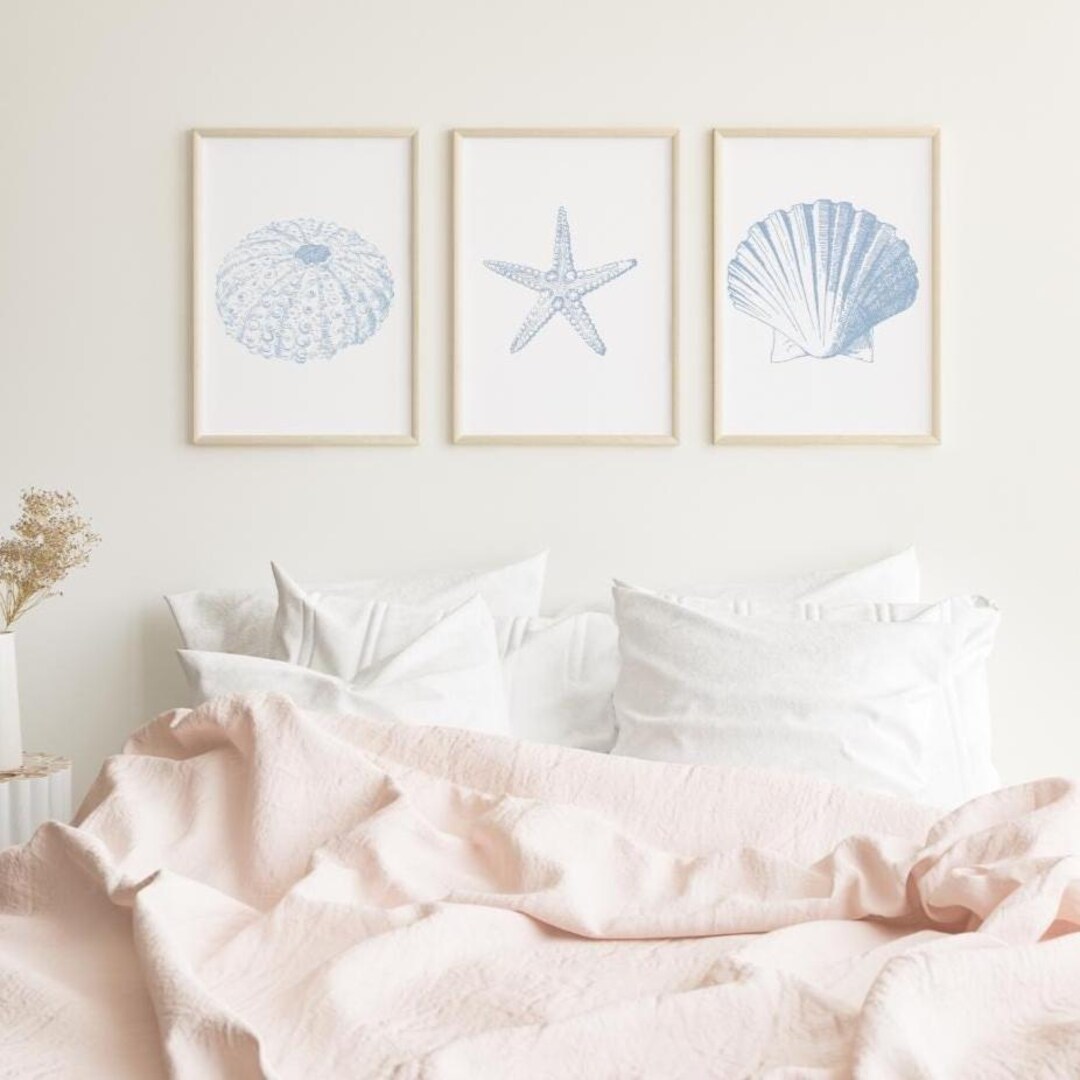 Blue Seashell Wall Art Prints: Coastal Set of 3 16x20 Digital Download ...