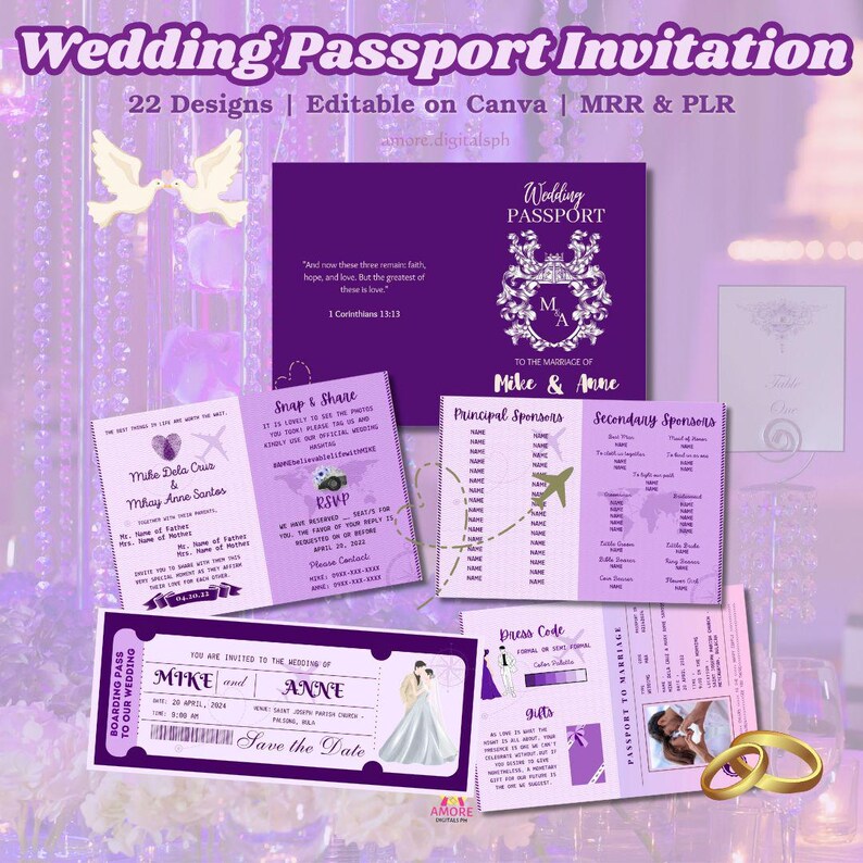 Passport-style Wedding Invitation Templates, Editable in Canva, Instant ...