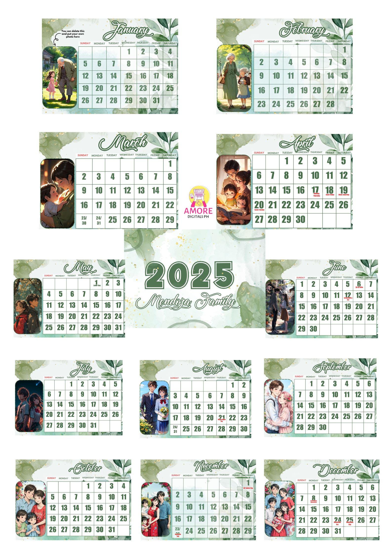 2025 Calendar Green Theme, A5 Desk Calendar Template, Printable and ...
