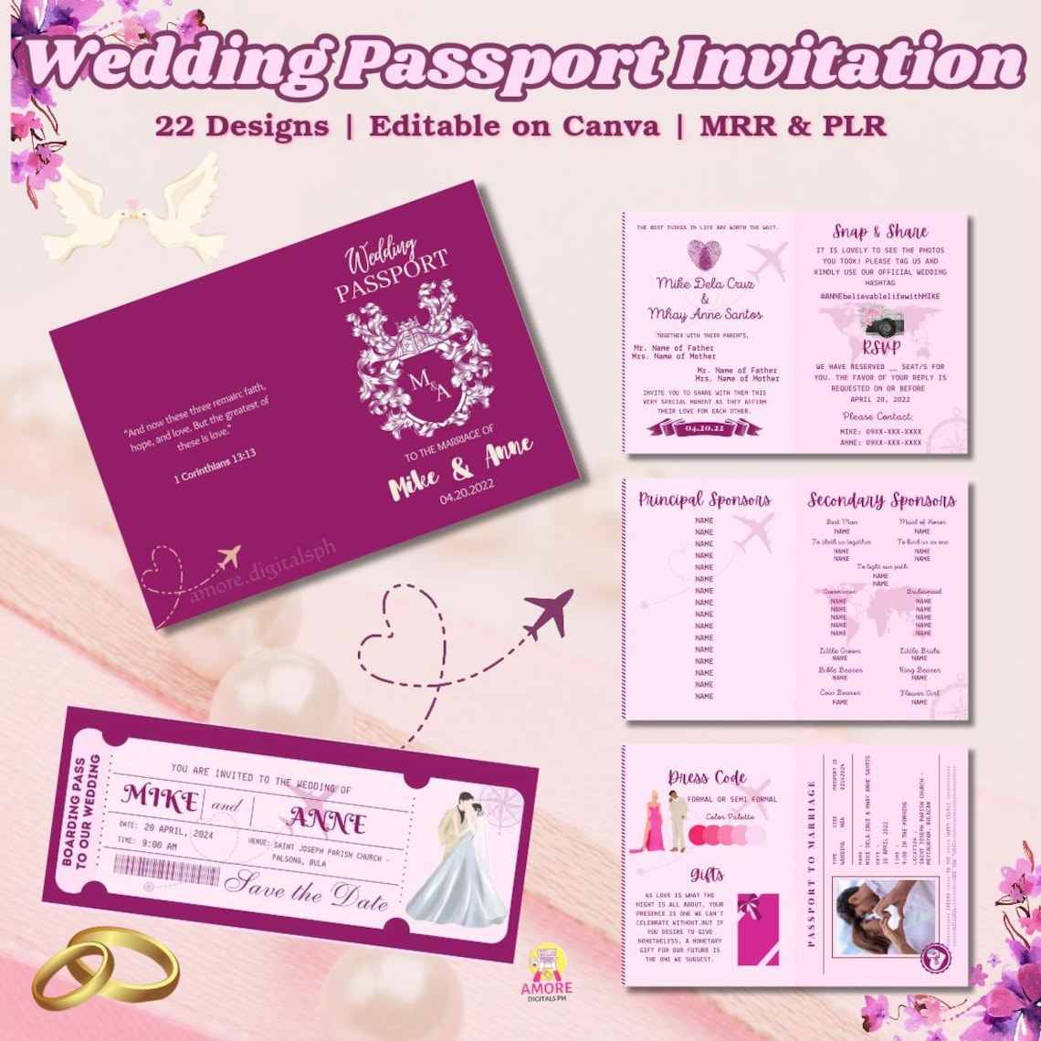 Passport-style Wedding Invitation Templates, Editable in Canva, Instant ...