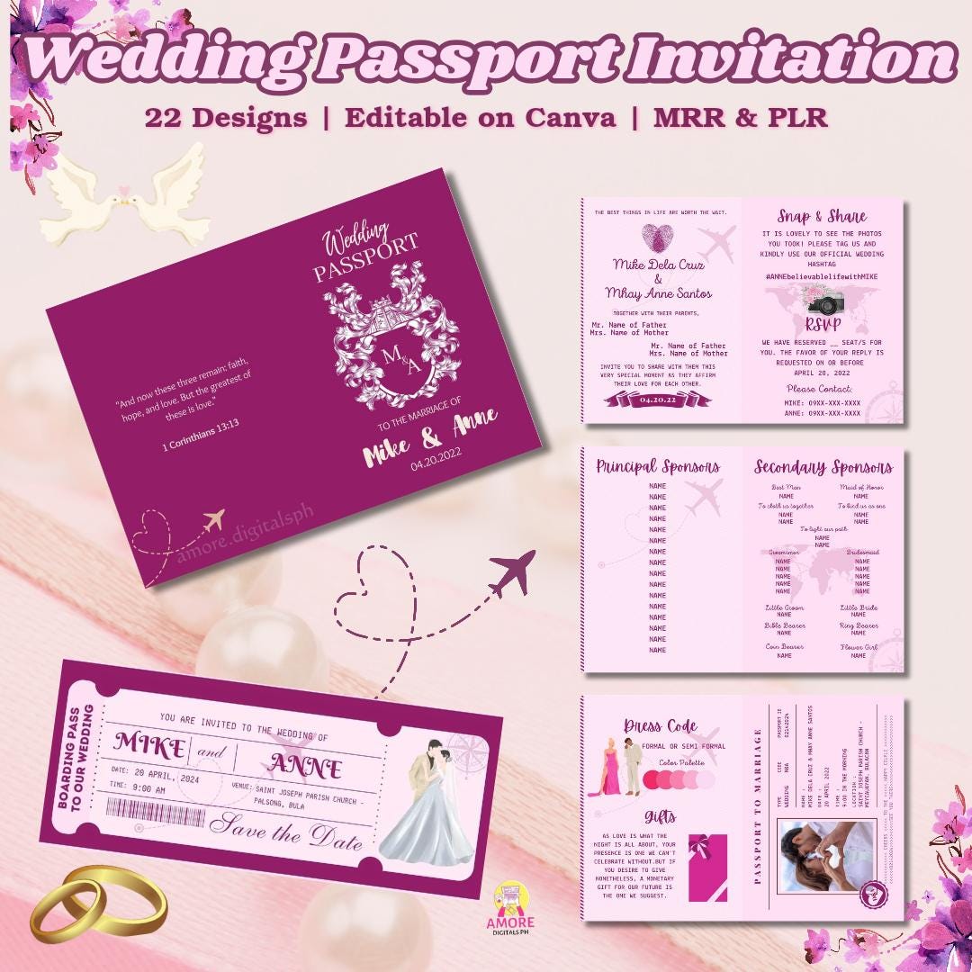 Passport-style Wedding Invitation Templates, Editable in Canva, Instant ...
