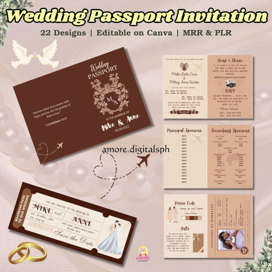Passport-style Wedding Invitation Templates, Editable in Canva, Instant ...