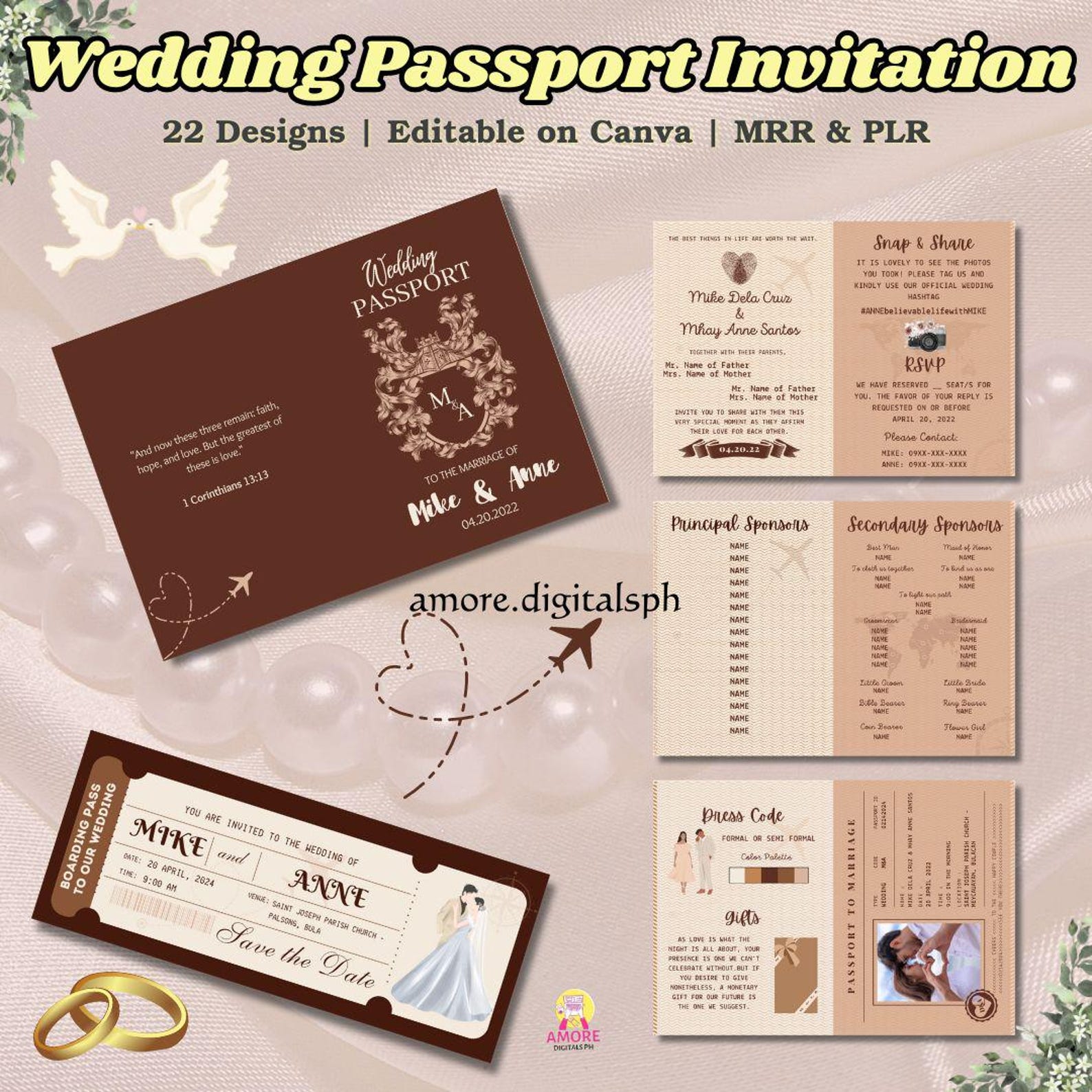 Passport-style Wedding Invitation Templates, Editable in Canva, Instant ...