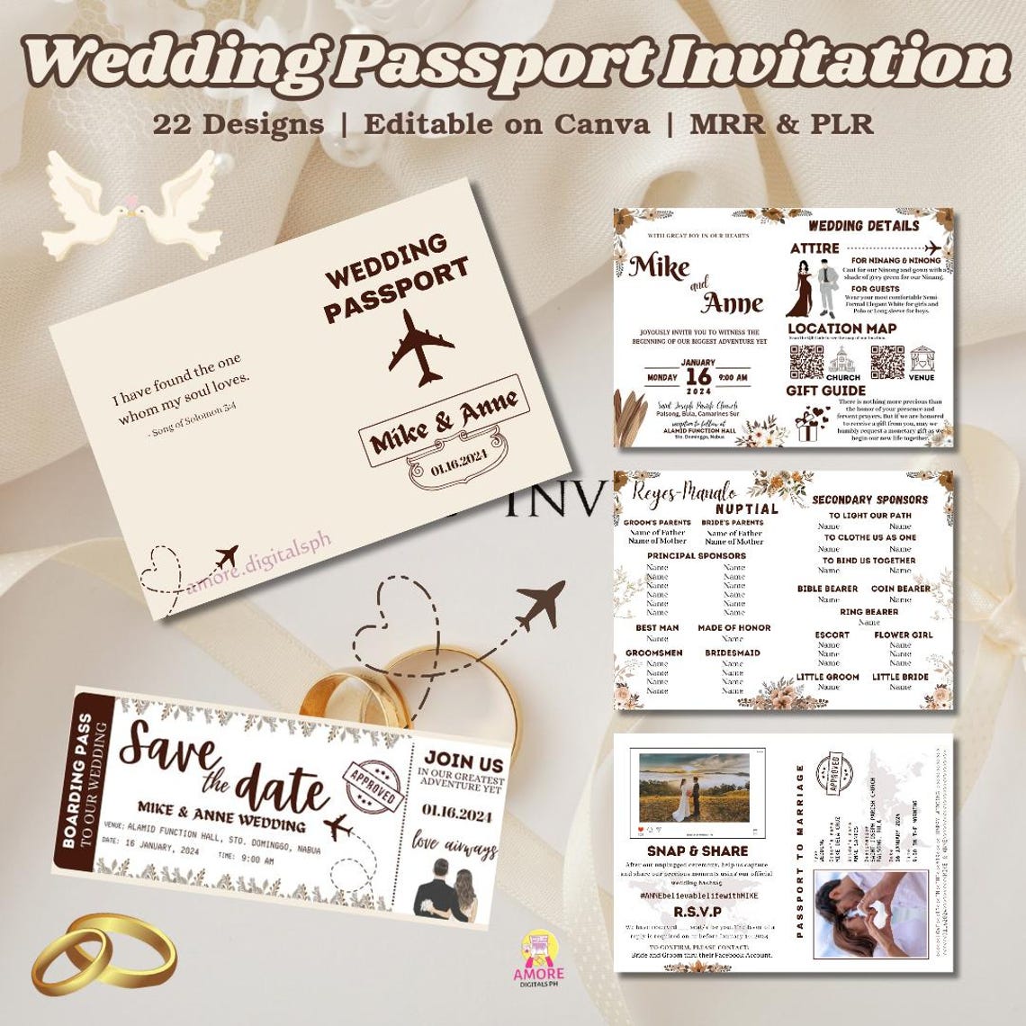 Passport-style Wedding Invitation Templates, Editable in Canva, Instant ...