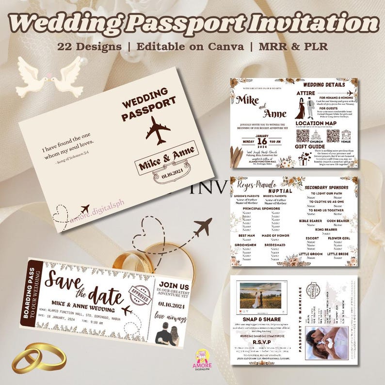 Passport-style Wedding Invitation Templates, Editable in Canva, Instant ...