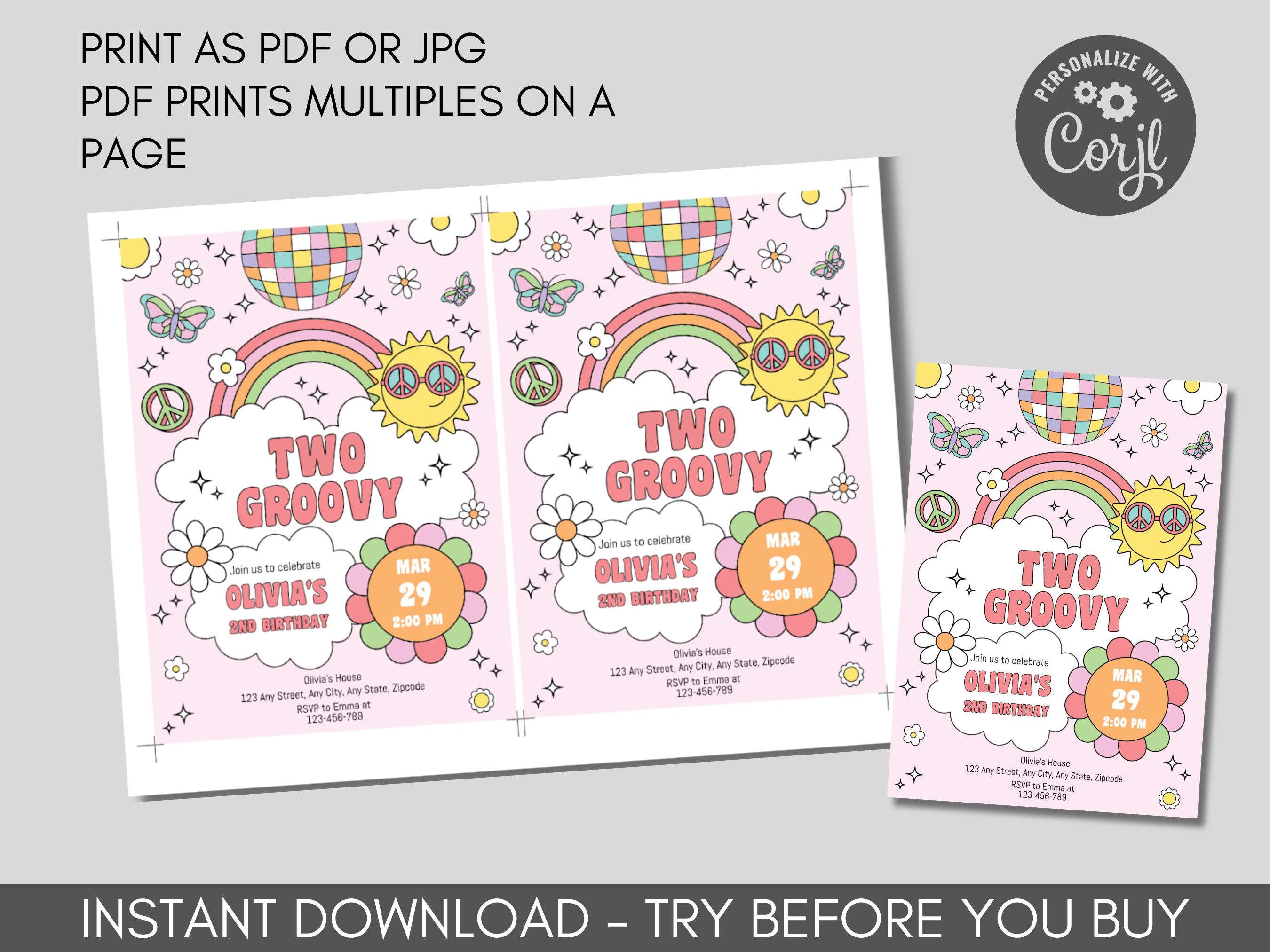 Editable Two Groovy Second Birthday Party Invitation Retro Boho Hippie ...