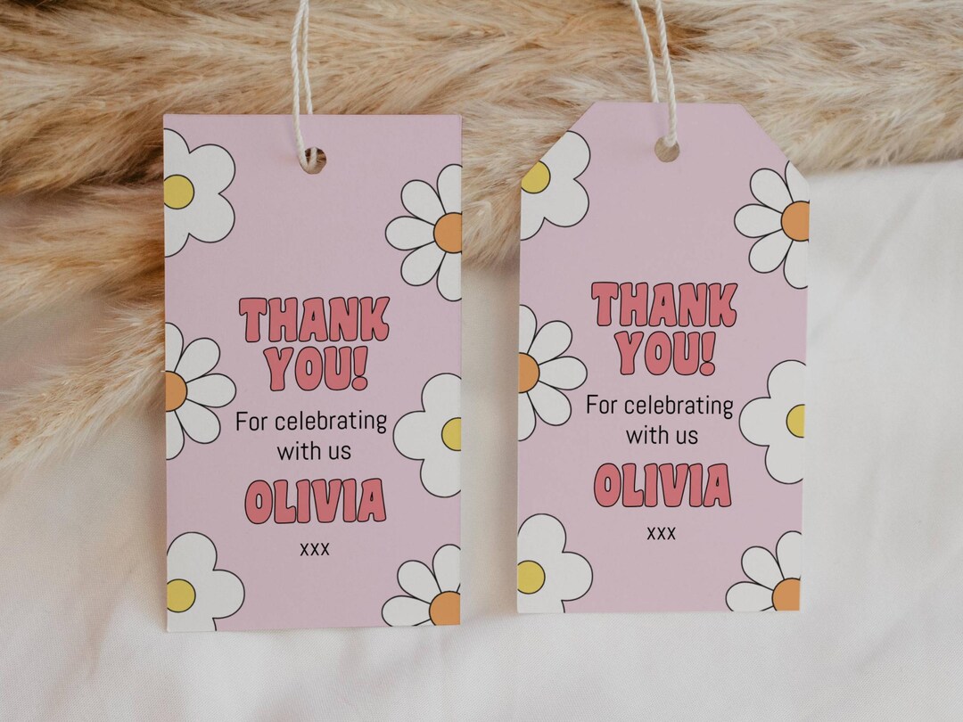 Editable Groovy Thank You Birthday Party Favor Tag Retro Hippie Daisy ...
