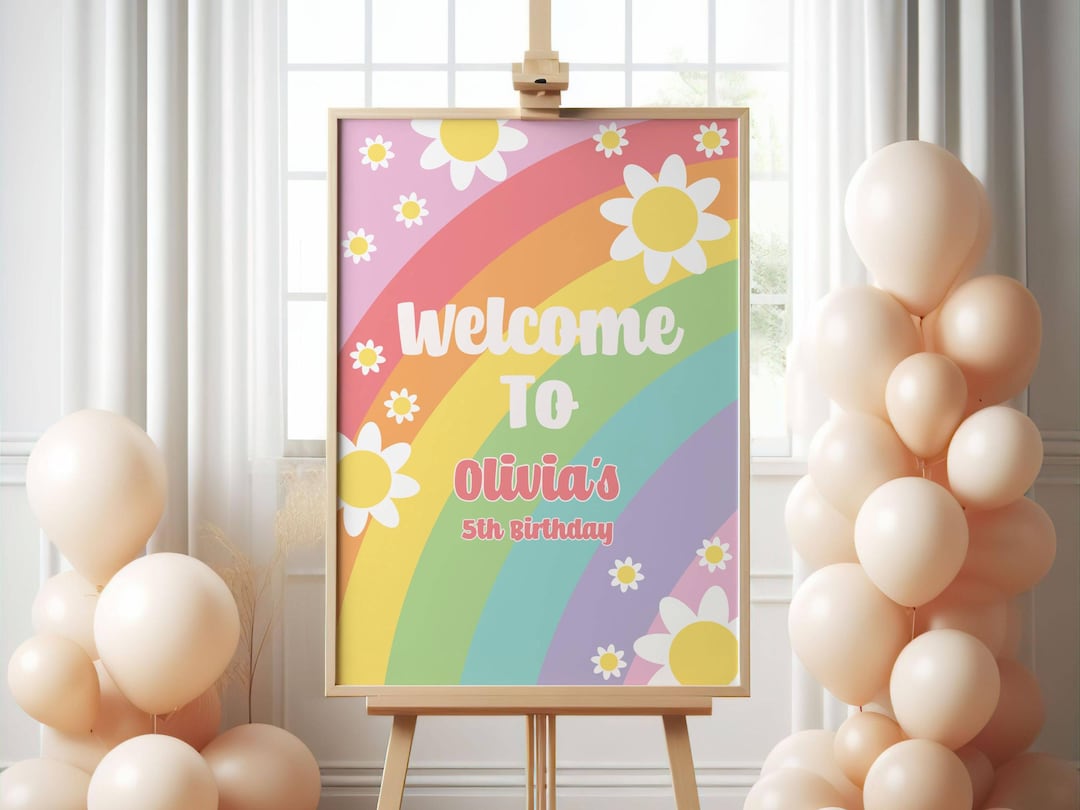 Editable Daisy Pastel Rainbow Groovy Welcome Sign Retro Flower Party ...