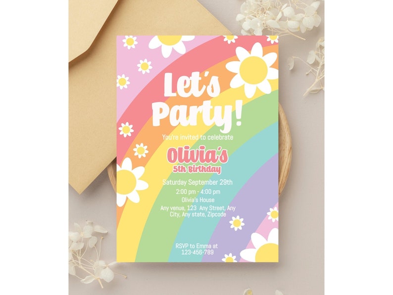Daisy Pastel Rainbow Birthday Party Invitation, Let's Party Groovy ...