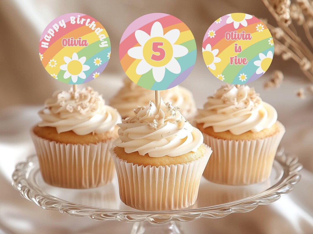 Editable Daisy Pastel Rainbow Groovy Birthday Cupcake Topper 3 Piece ...