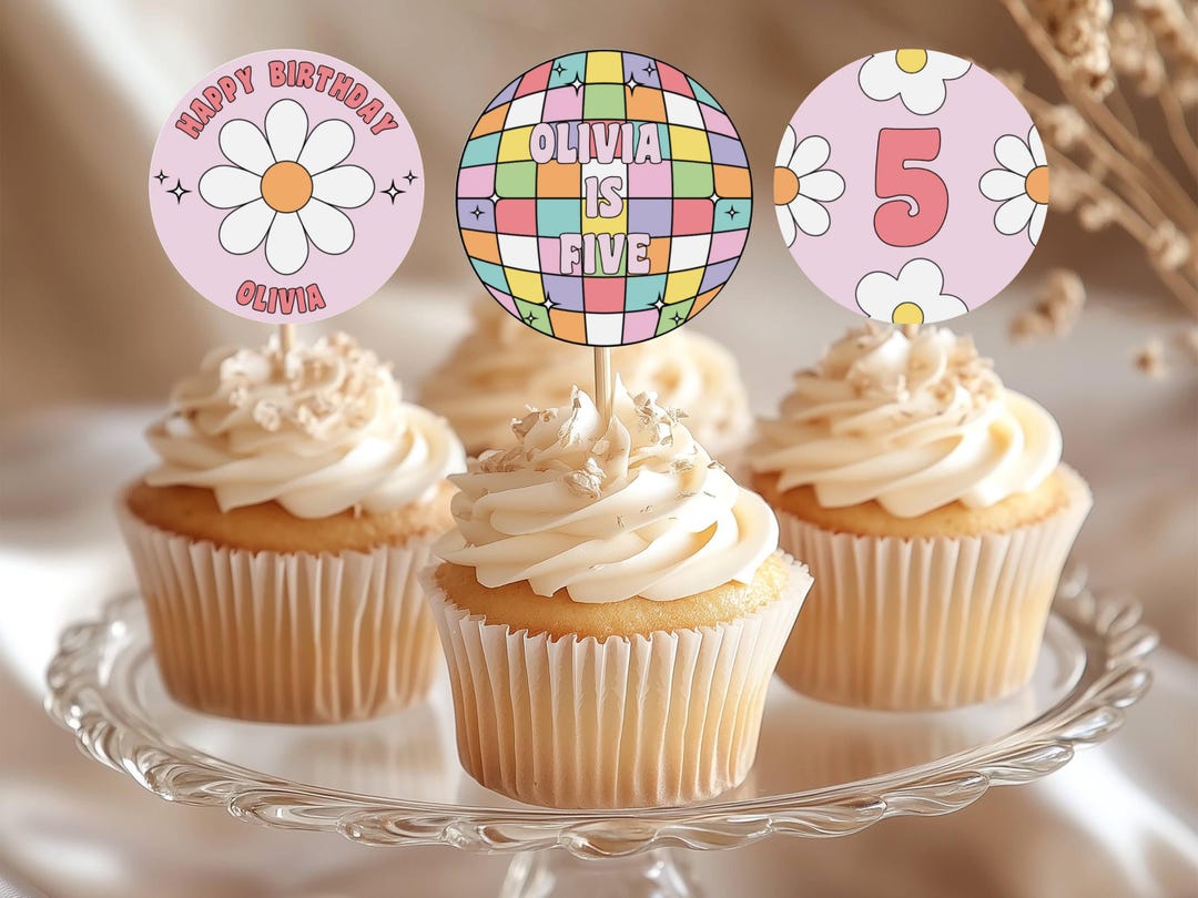 Editable Groovy Birthday Cupcake Topper 3 Piece Set Boho Retro Hippie ...