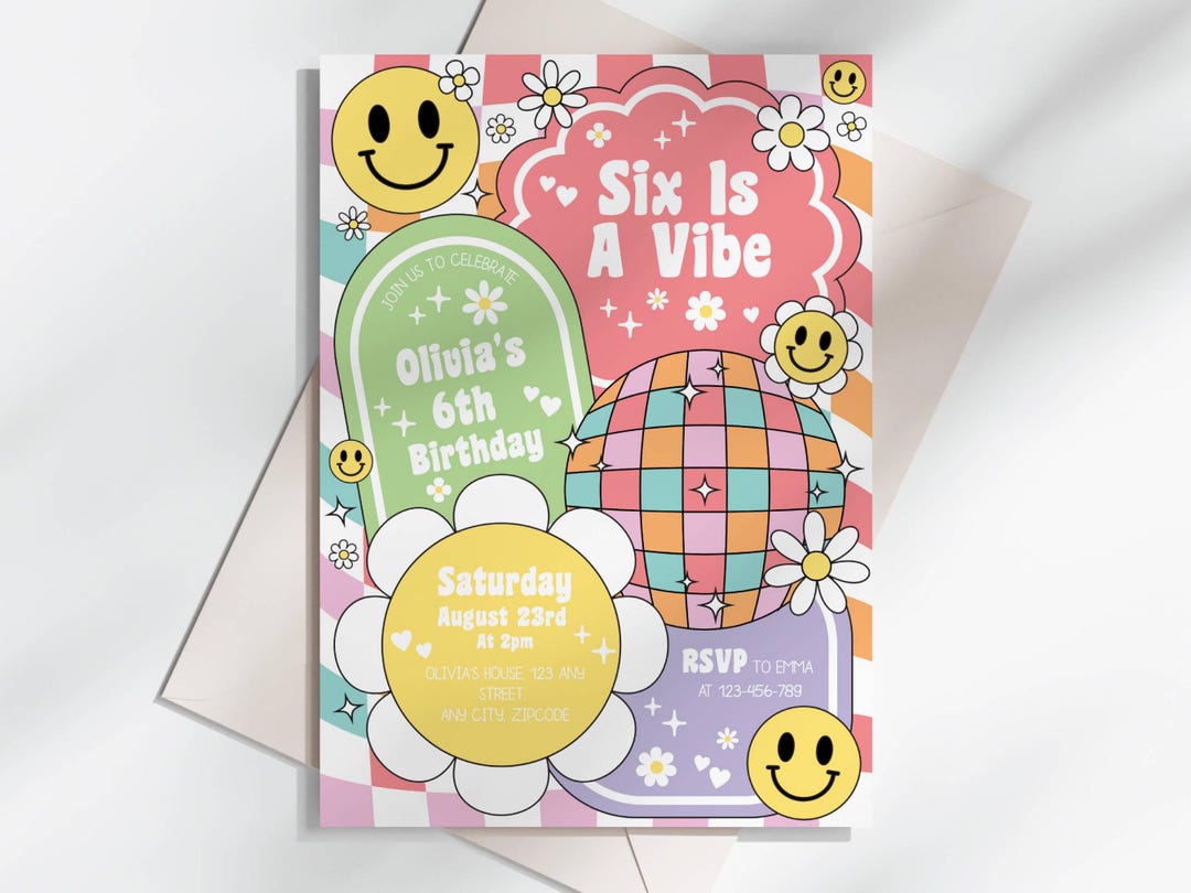 Retro Smiley Daisy Preppy Birthday Party Invitation Six is A Vibe ...