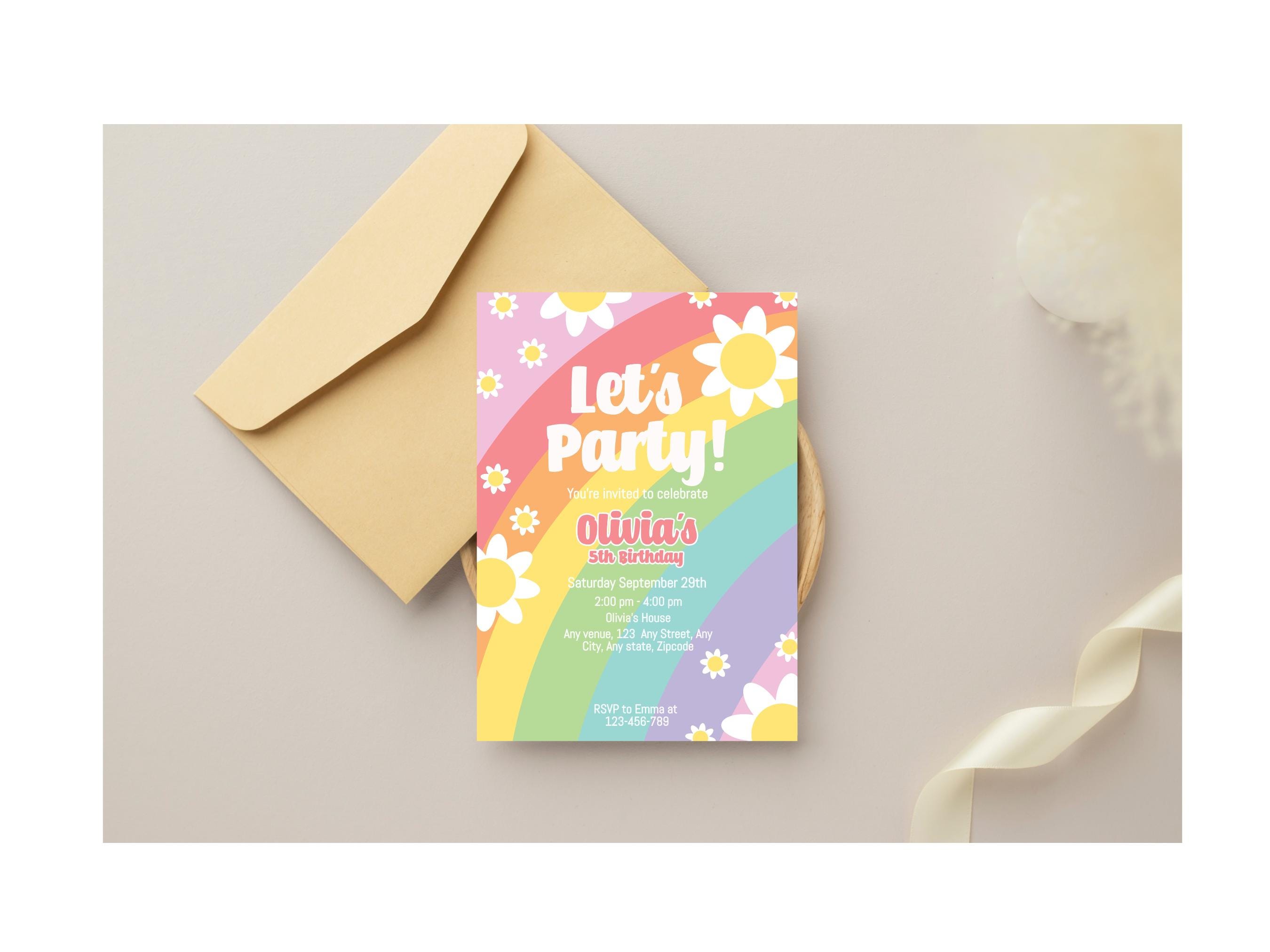 Daisy Pastel Rainbow Birthday Party Invitation, Let's Party Groovy ...
