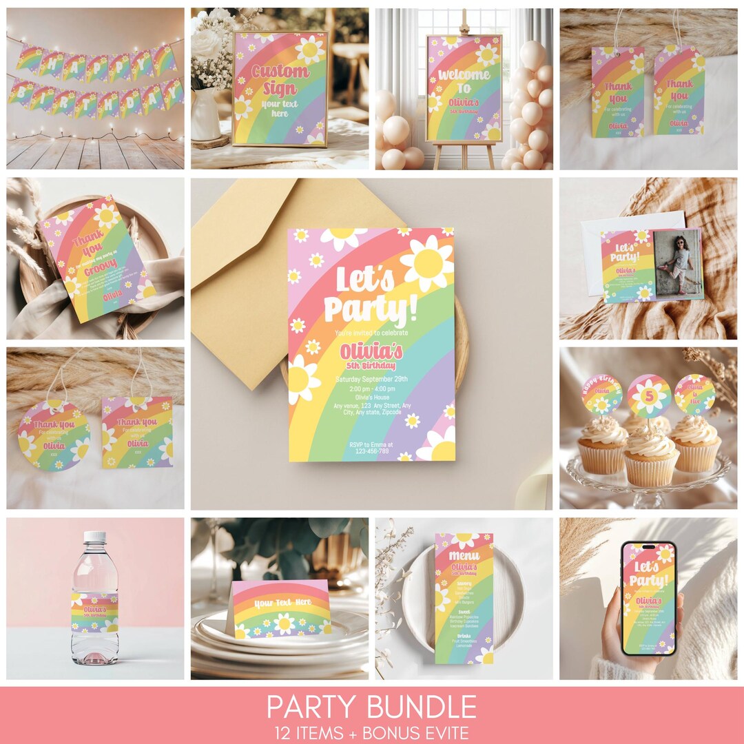 Editable Daisy Pastel Rainbow Groovy Party Bundle Groovy Flower ...