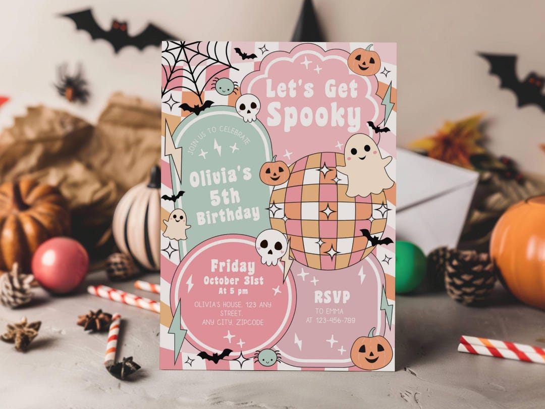 Editable Let's Get Spooky Halloween Party Invitation Retro Pastel ...
