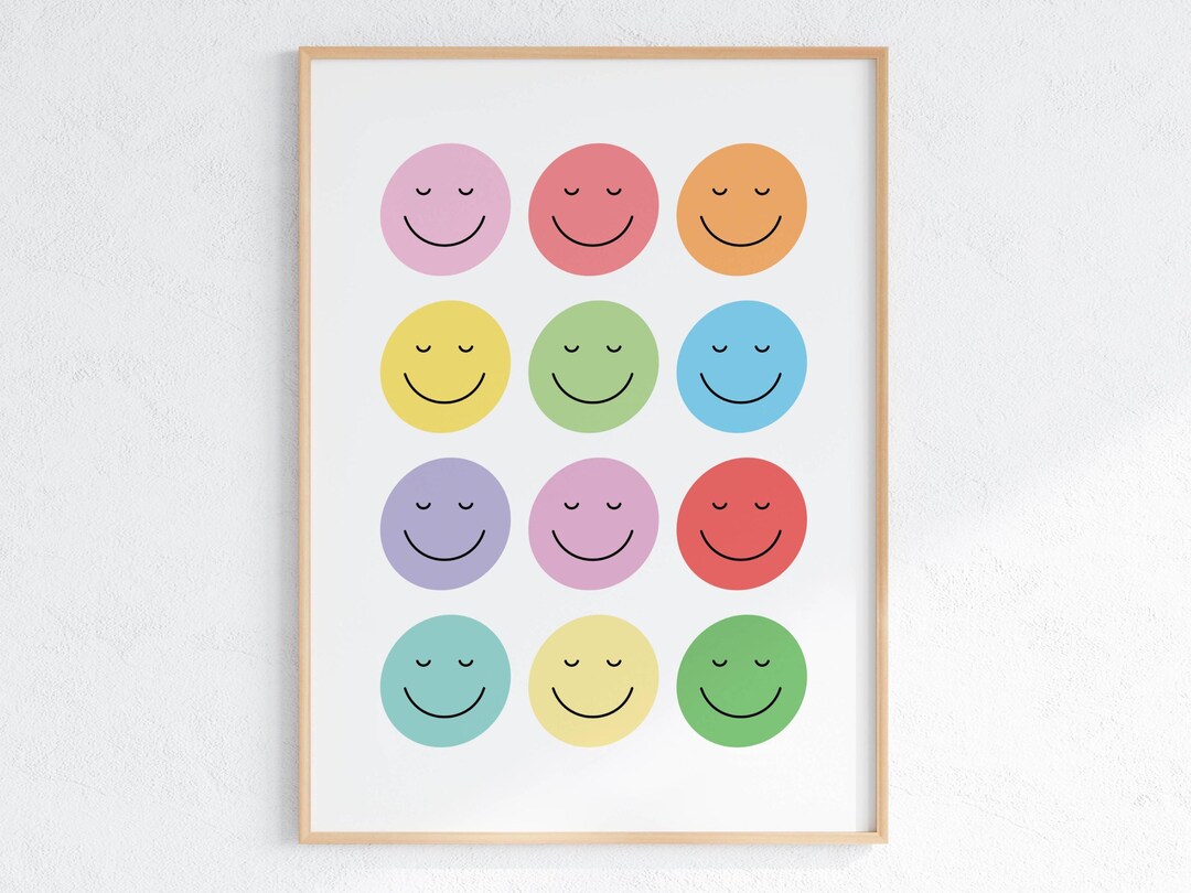 Retro Smiley Face Pastel Rainbow Wall Art Colourful Kids Wall Decor ...