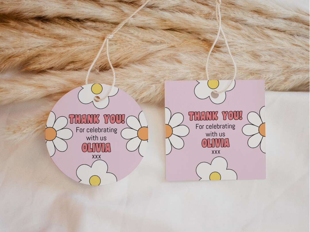 Editable Groovy Daisy Thank You Tag Round Square Birthday Party Favor ...