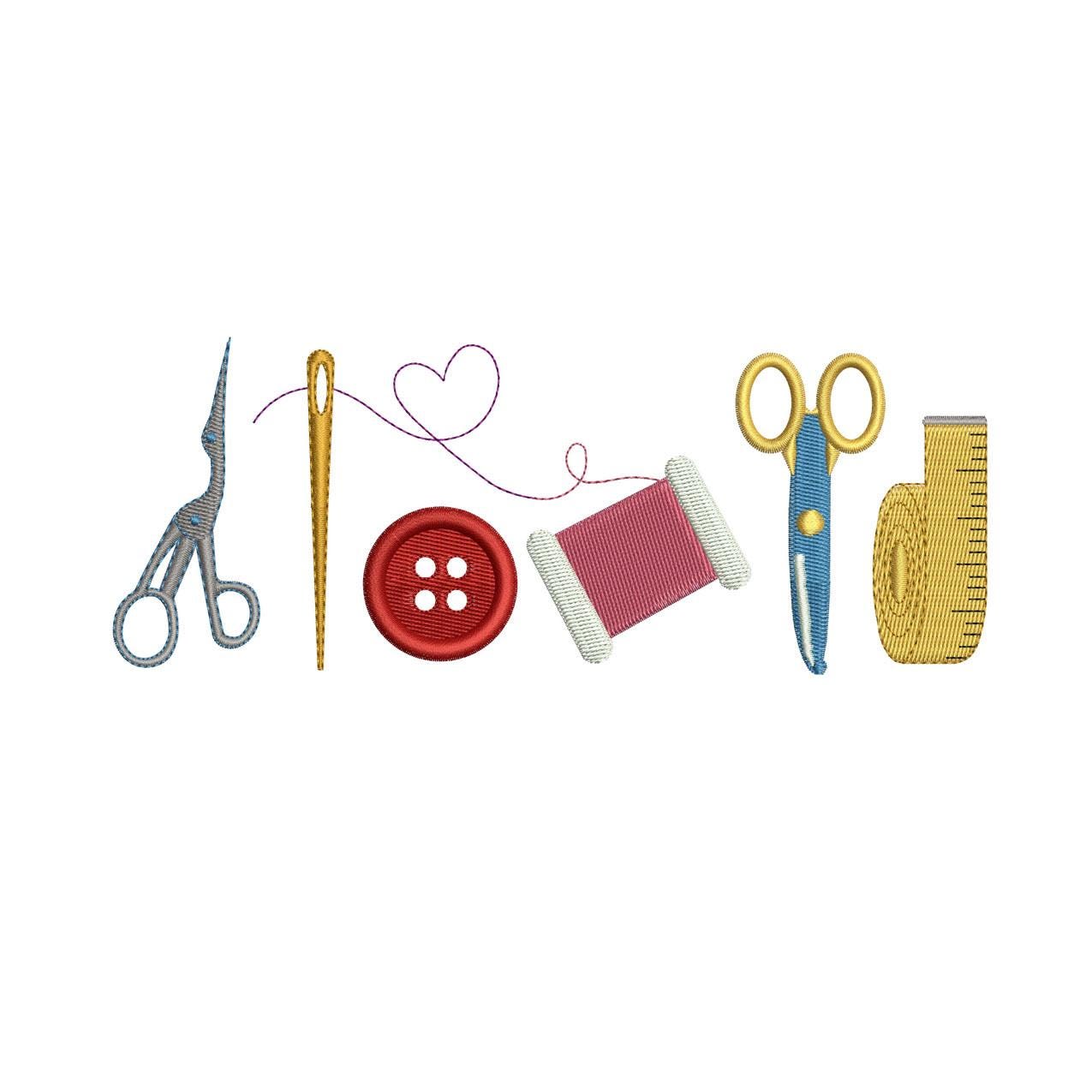 Sewing Tools Embroidery Design: Sewing Icons Scissors, Needle, Button ...
