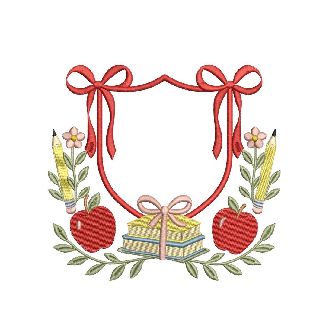 Back to School Crest Embroidery Design Apple Monogram Banner PES ...