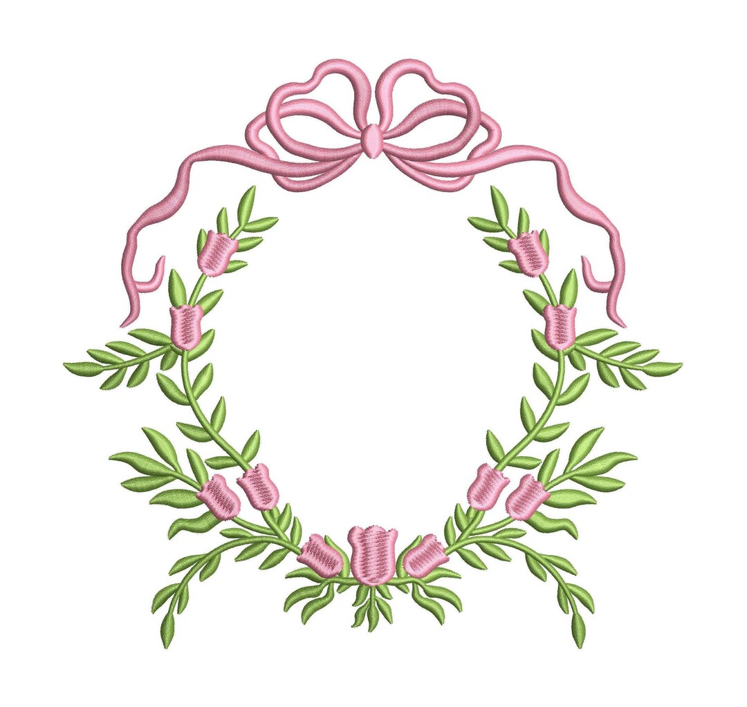 Floral Leaf Bow Frame Embroidery Design: Wedding Crest Machine ...