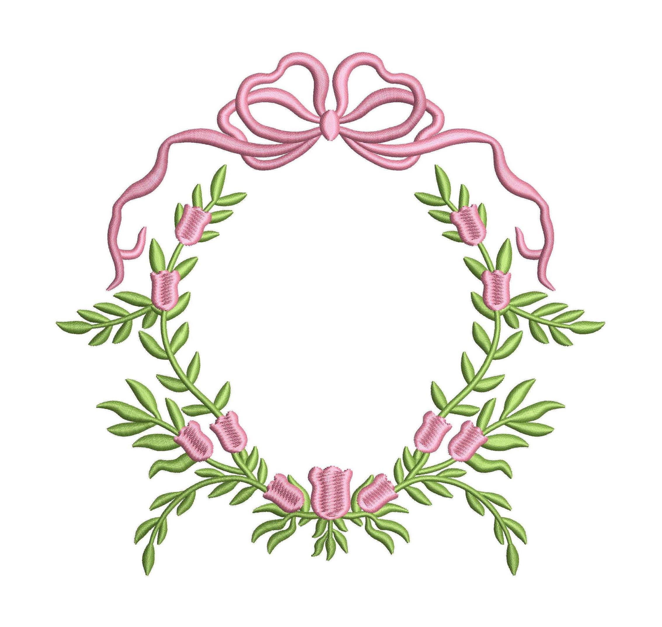 Floral Leaf Bow Frame Embroidery Design: Wedding Crest Machine ...