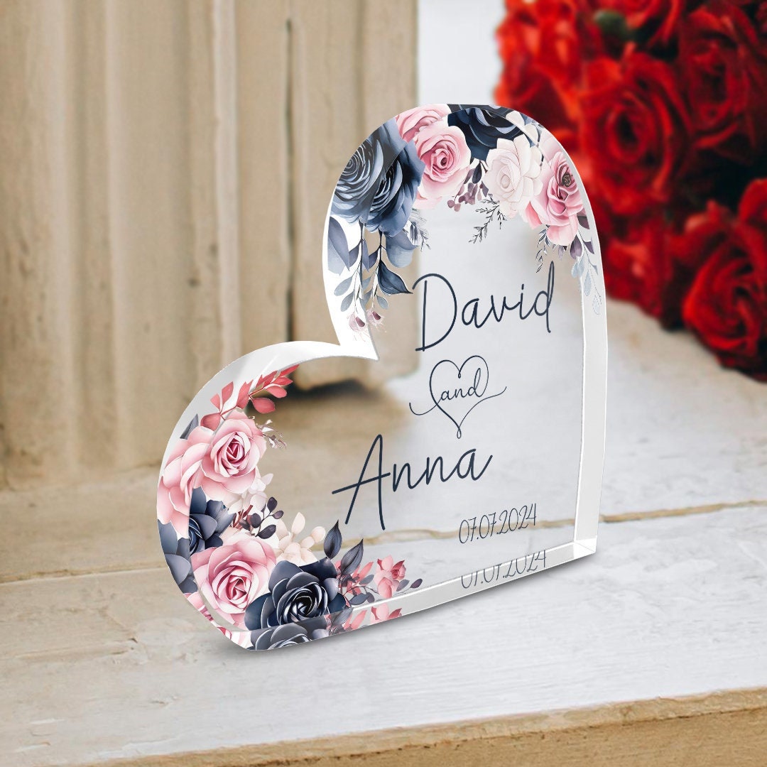 Personalised Heart Acrylic Block Custom Any Family Name and Date Mr and ...