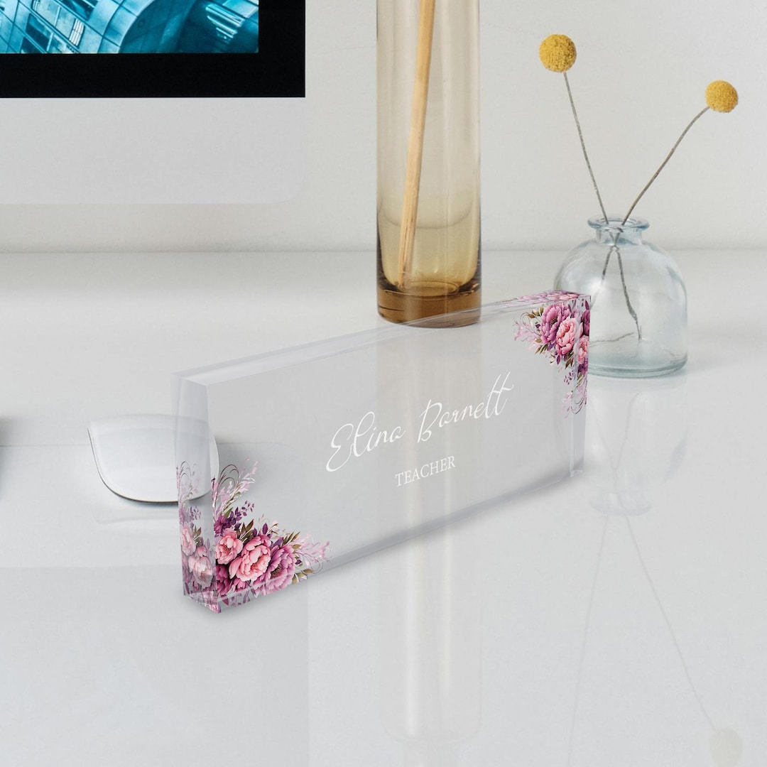 Personalized Name Plate for Desk, Flowers Wild Design on Clear Acrylic ...