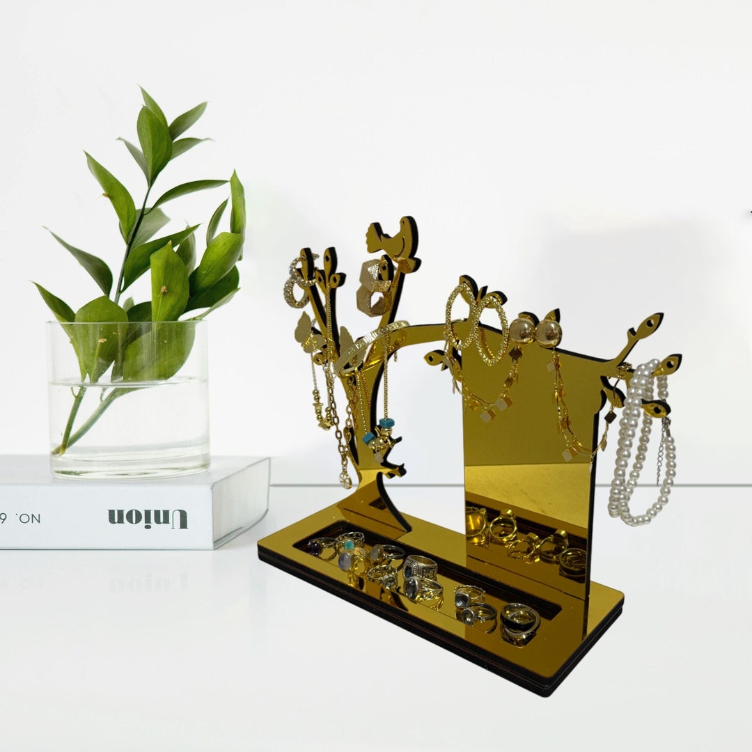 Stained Glass Mirror Jewelry Stand Organizer - Wood Base - Etsy