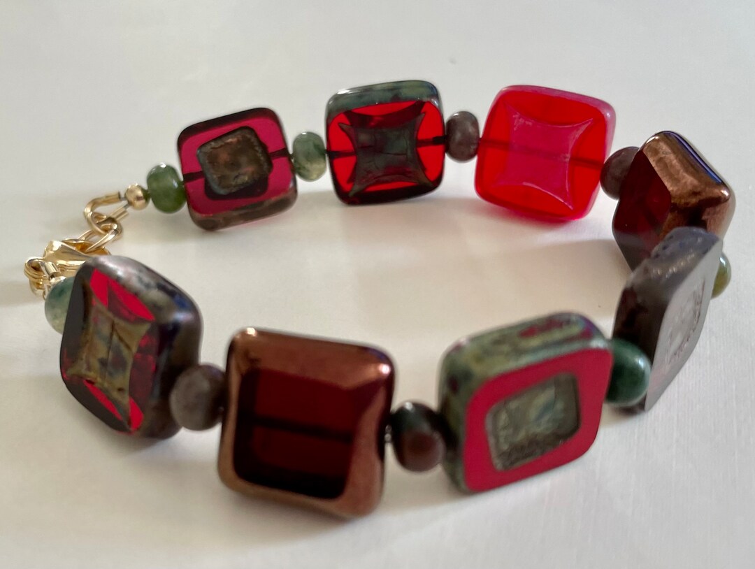 Red Window Pane Square Glass Bead Bracelet, Square Multi-color Red and ...