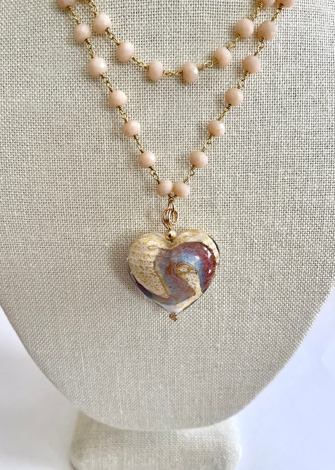 Murano Beige Puffy Glass Heart Bead Necklace, Venetian Chunky Cream Incalmo Heart Pendant on ...