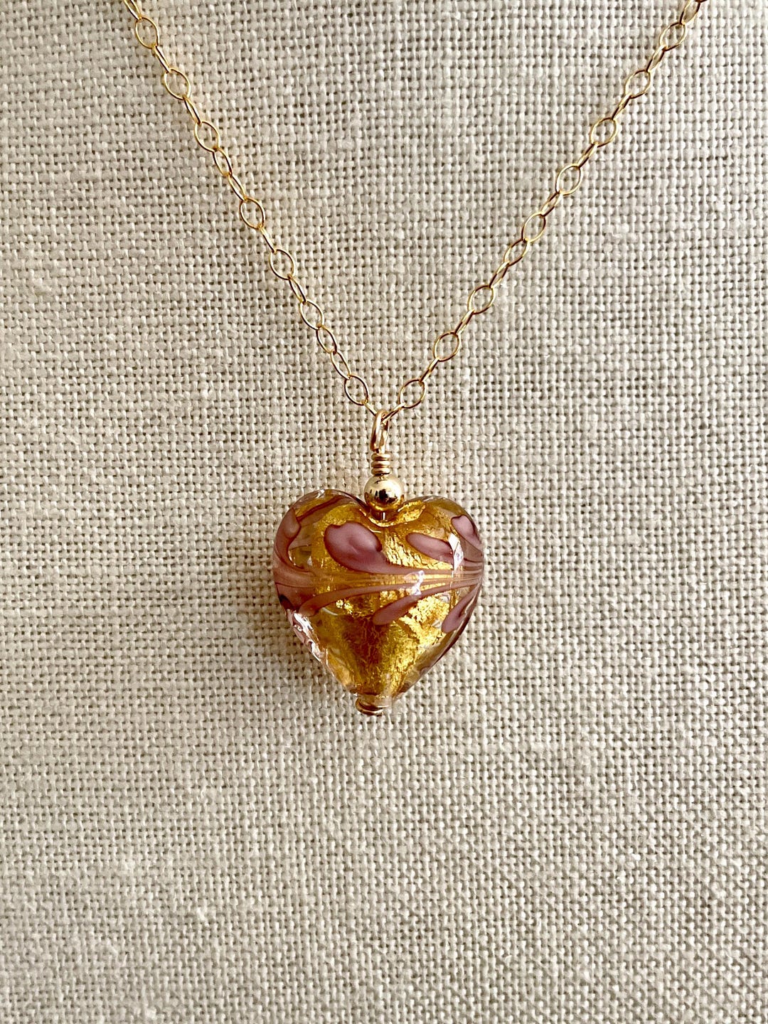 Murano Amethyst and Gold Glass Heart Pendant Necklace: 14k Gold-filled ...