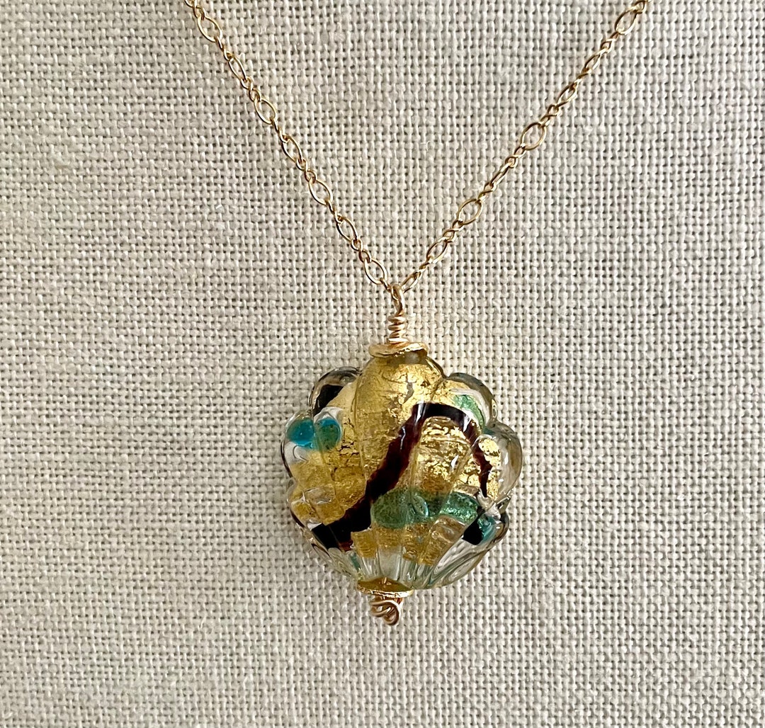 Murano Glass Shell Pendant Necklace, Aqua Venetian Bead, 14k Gold ...