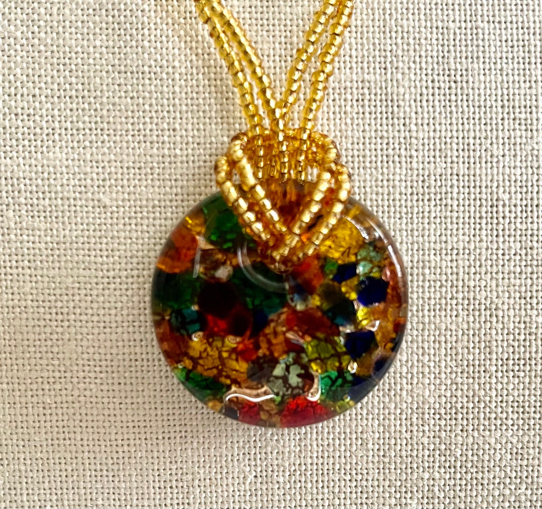 Murano Multi-color Frit Glass Gold Foil Round Pendant, Venetian ...